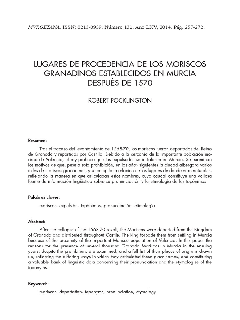 Lugares de Procedencia de Los Moriscos Granadinos Estable | PDF ...