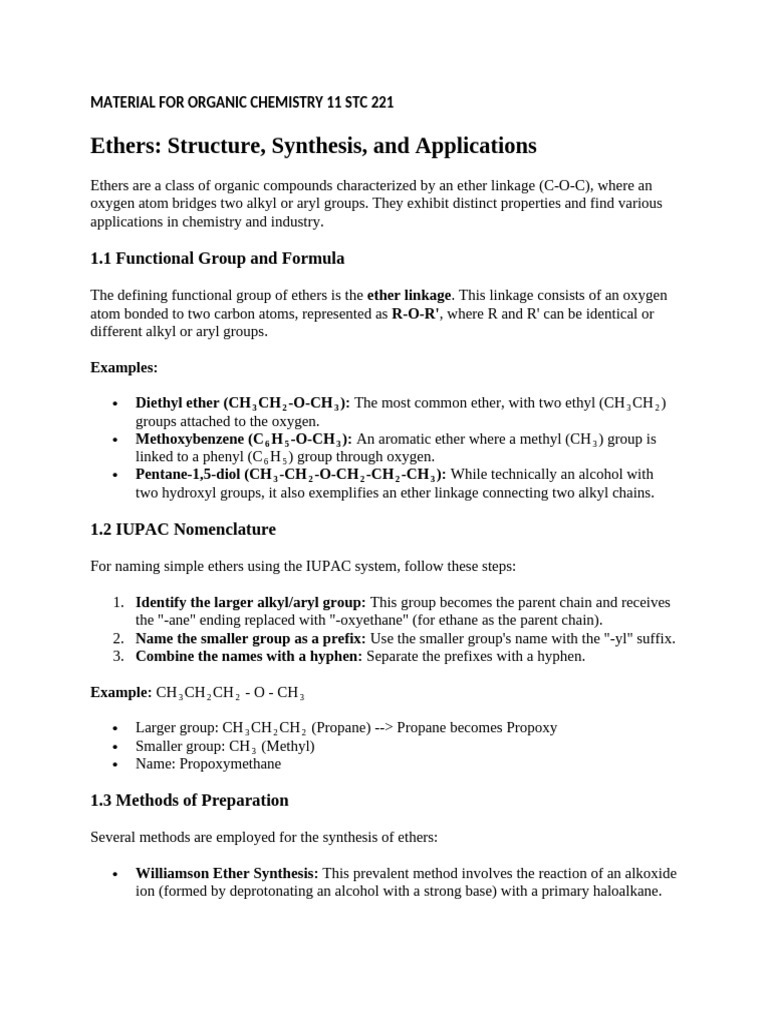 Ethers in Organic Chemistry: Structure & Synthesis | PDF | Ether | Amine