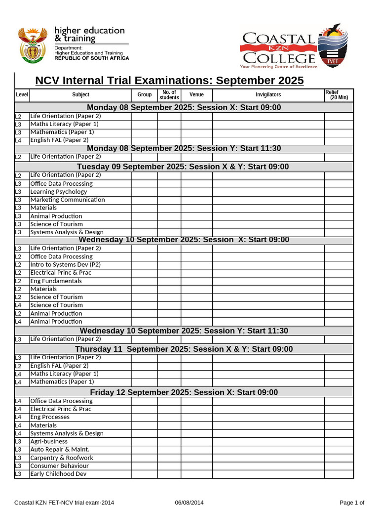Draft NCV Trial Exams Timetable-2025 | PDF