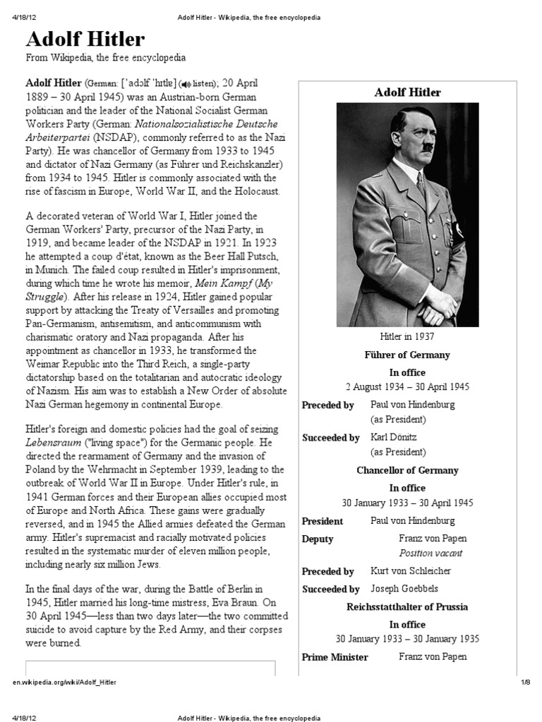 Adolf Hitler - Wikipedia, The Free Encyclopedia | PDF | Adolf Hitler ...