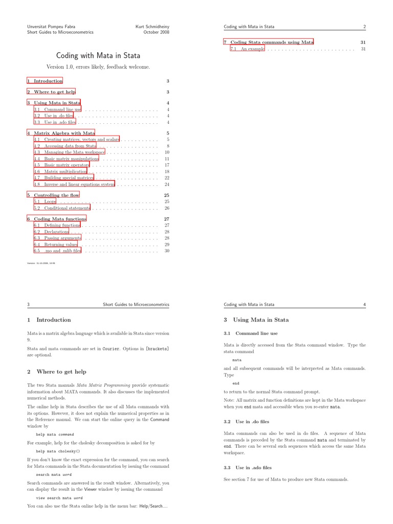 Mata Programming in Stata Guide | PDF | Matrix (Mathematics ...