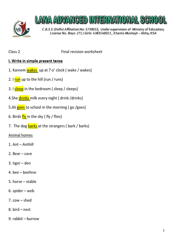 Class 2 Final Revision Worksheet Term 1 | PDF