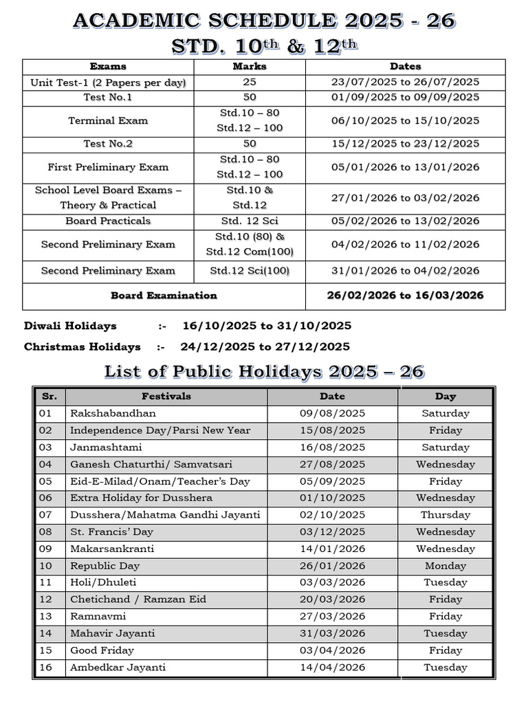 Exam and Holiday Schedule 2025-2026 | PDF | Religious Holidays ...