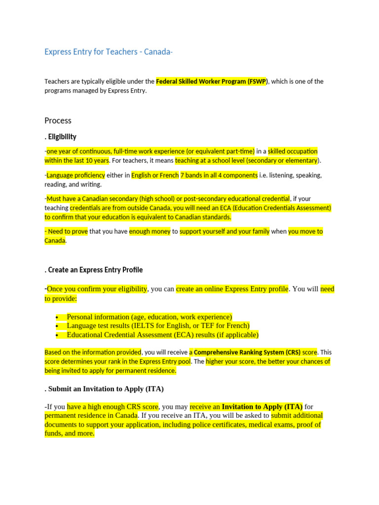 Express Entry Guide for Teachers in Canada | PDF | Provinces And ...