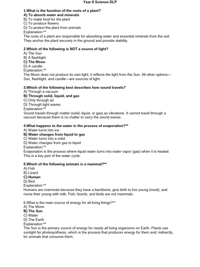 Year 6 Science Questions and Answers | PDF | Foods | Water