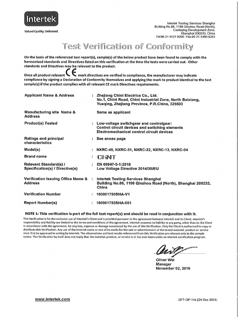 1611 NXRC Contactor Relay CE Certificate | PDF