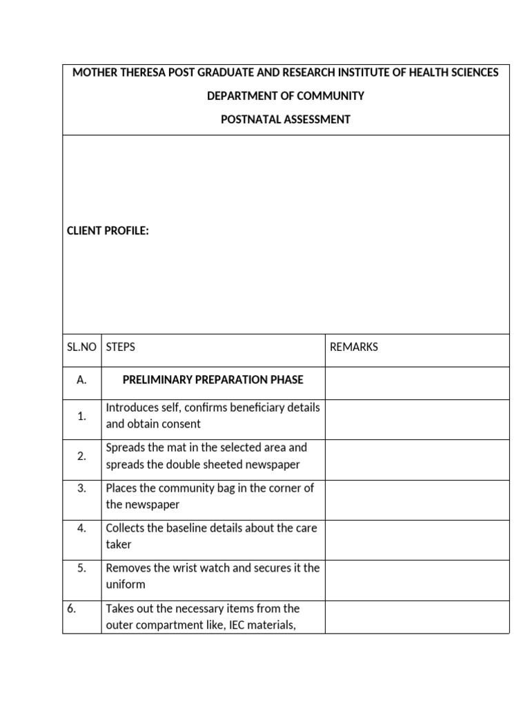 CHN Postnatal Assessment | PDF