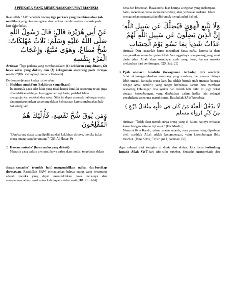 3 Perkara Yang Membinasakan Umat Manusia | PDF