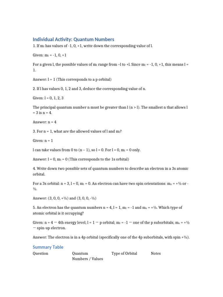 Quantum Numbers Activity | PDF
