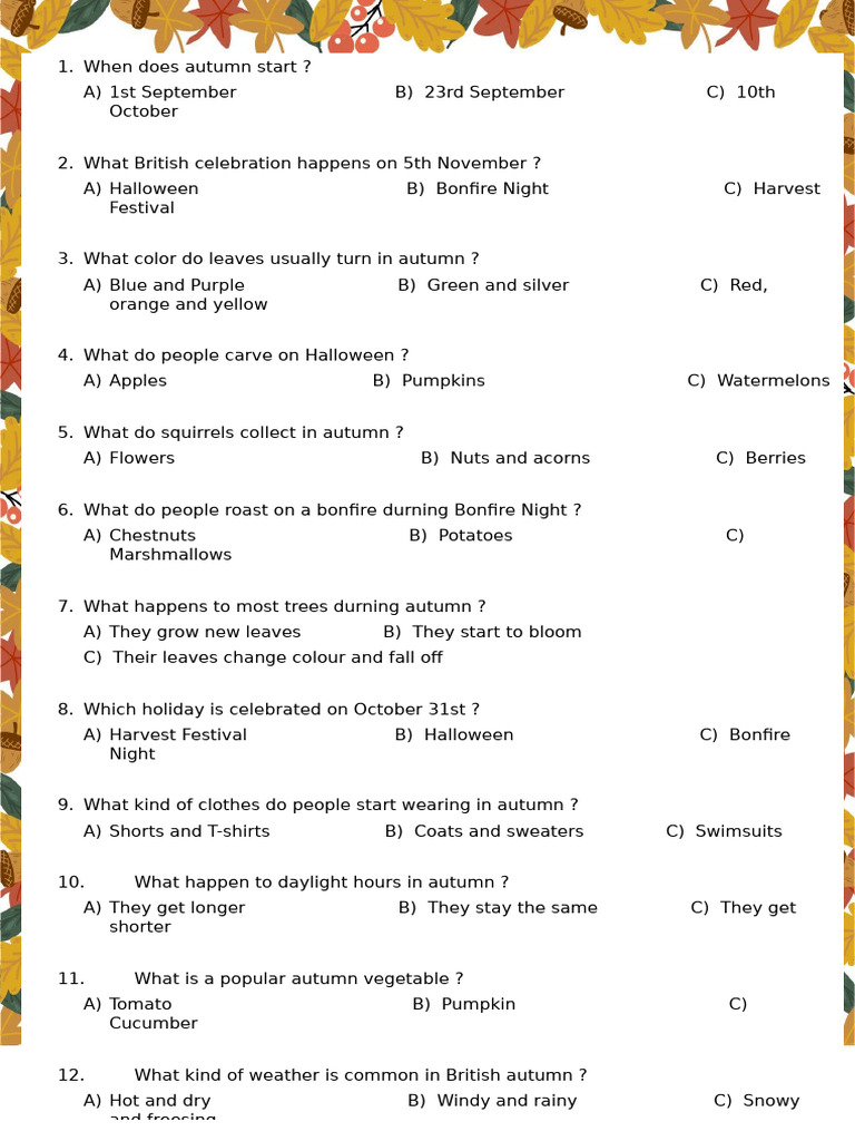 Autumn Facts and Celebrations Quiz | PDF