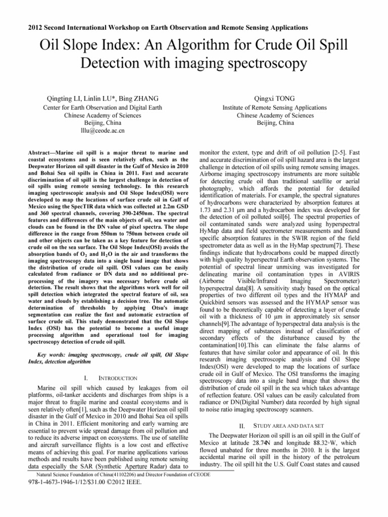 Oil Slope Index - An Algorithm For Crude Oil Spill Detection With Imaging Spectros | PDF | Oil ...