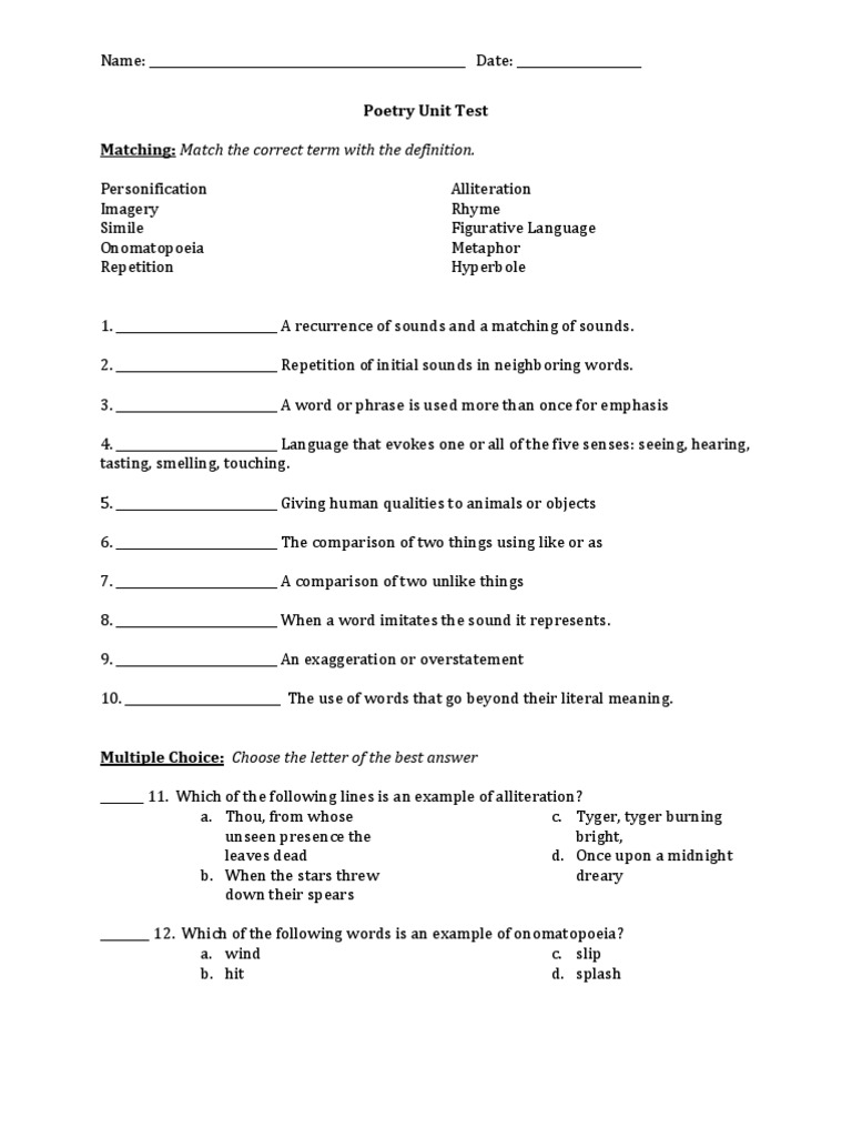 Poetry Unit Test Matching: Match The Correct Term With The Definition ...