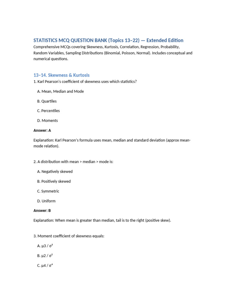 Statistics MCQ 13 To 22 Extended | PDF | Errors And Residuals | Skewness