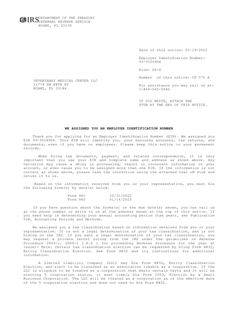 Veterinary Medical Center LLC - Ein Letter | PDF | Limited Liability ...