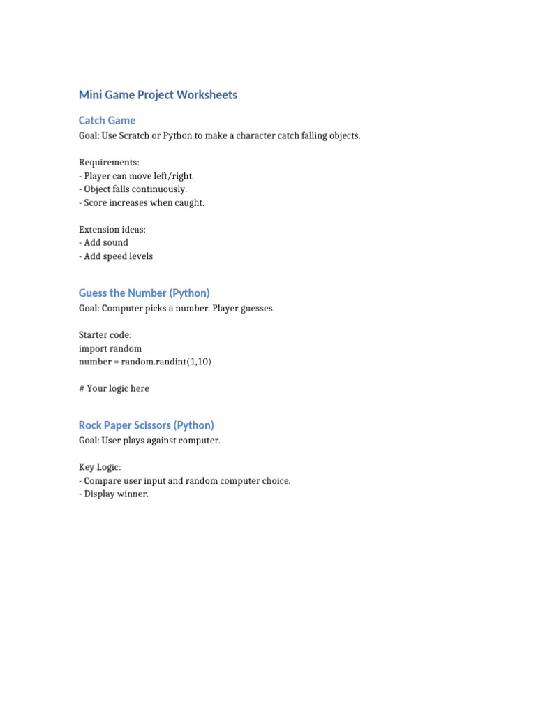 Game Project Worksheets | PDF