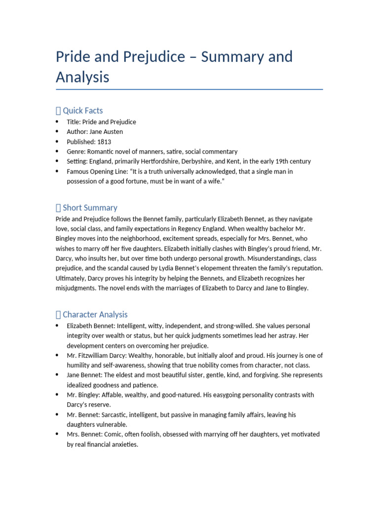 Pride - and - Prejudice - Summary - Analysis - Kopie | PDF | Pride And ...