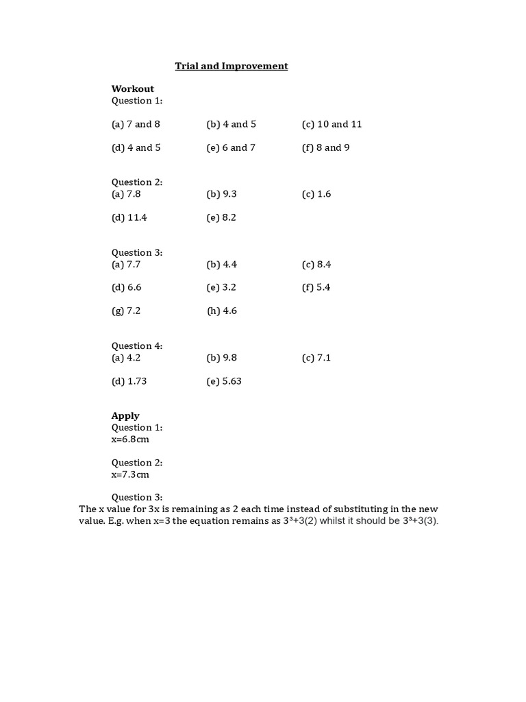 Trial and Improvement Exercise Answers | PDF