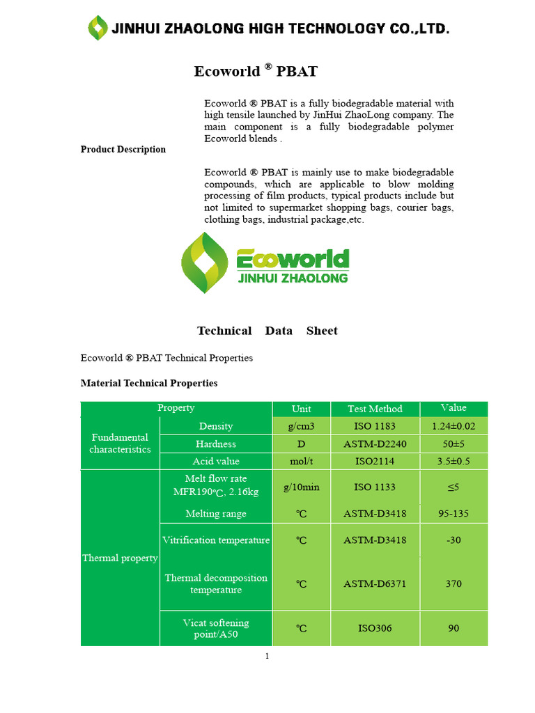 Ecoworld ® PBAT Tunhe-Virgin-Pbat-Biodegradable-Polymer | PDF ...