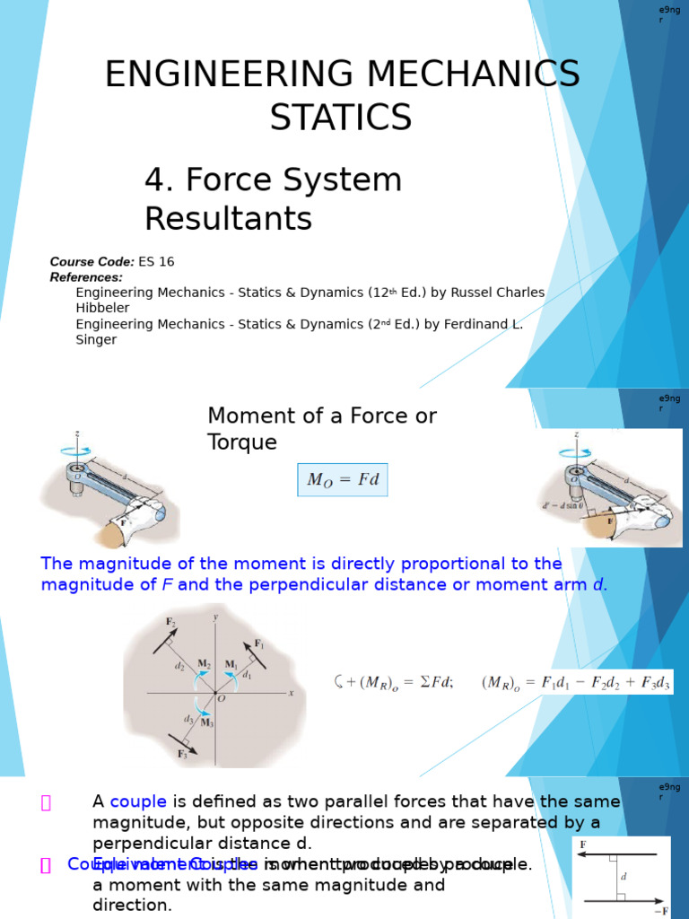 Engineering Mechanics Statics: 4. Force System Resultants | PDF | Force ...