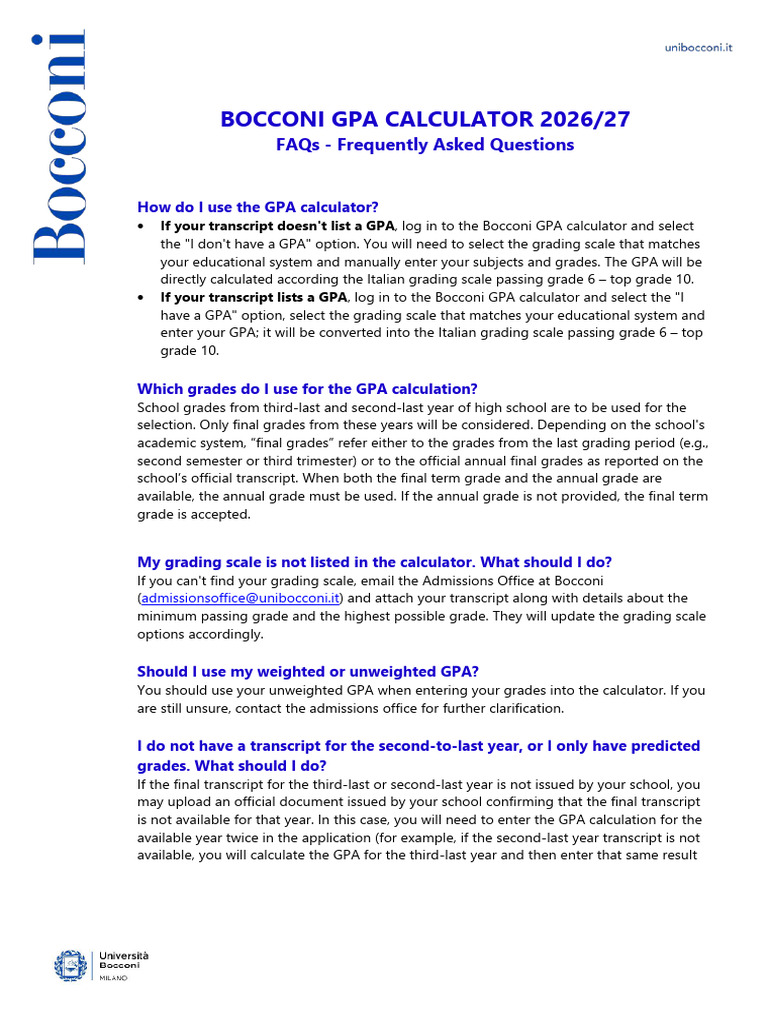 Bocconi GPA Calculator Guide 2026/27 | PDF | Qualifications | Student ...