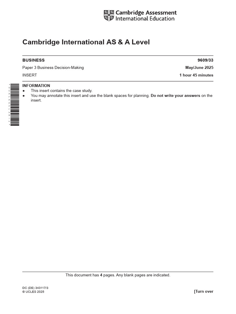 Cambridge International AS & A Level: BUSINESS 9609/33 | PDF ...