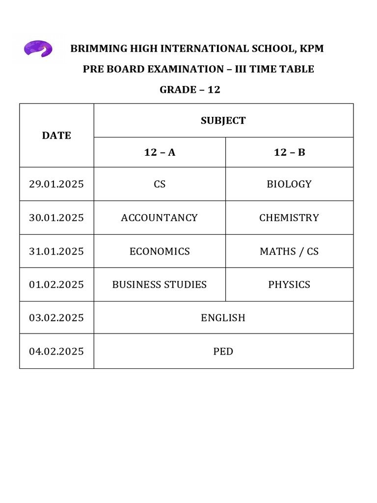 Grade 12 - Pre Board 3 Examination Time Table | PDF