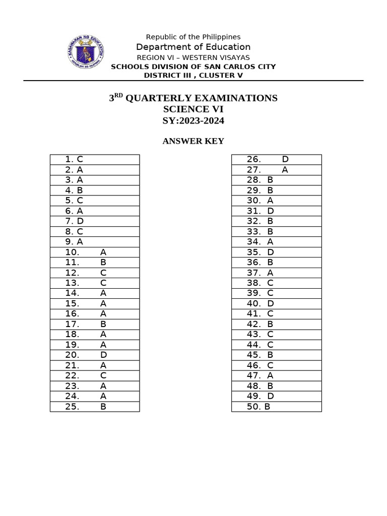 Science VI 3rd Quarter Exam Answer Key | PDF