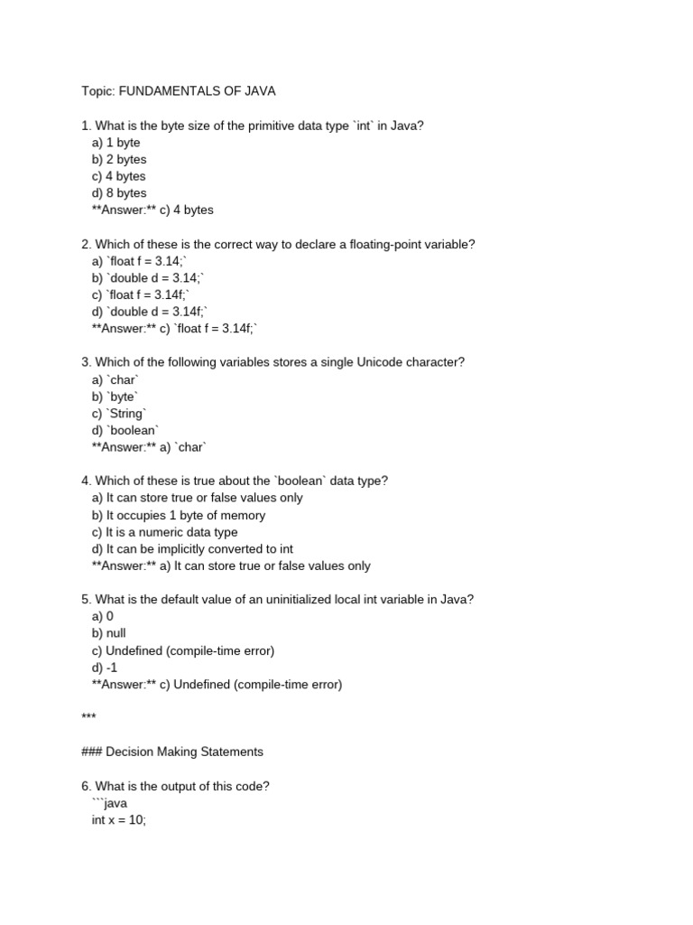 Topic - Fundamentals of Java | PDF | Data Type | Integer (Computer Science)