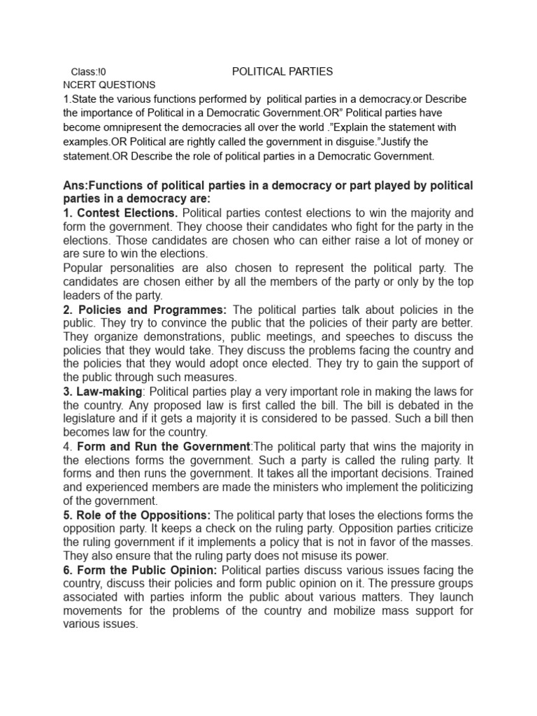 Functions and Challenges of Political Parties | PDF | Political Parties ...