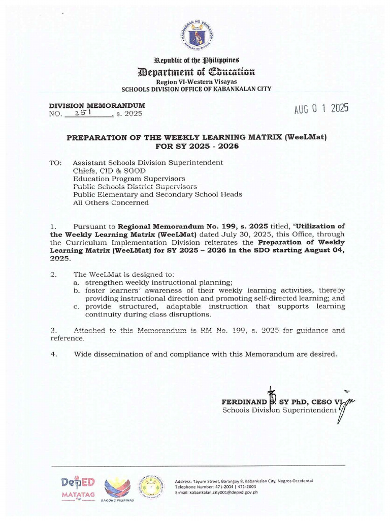 Division Memorandum No. 251 S. 2025 Preparation of The Weekly Learning ...