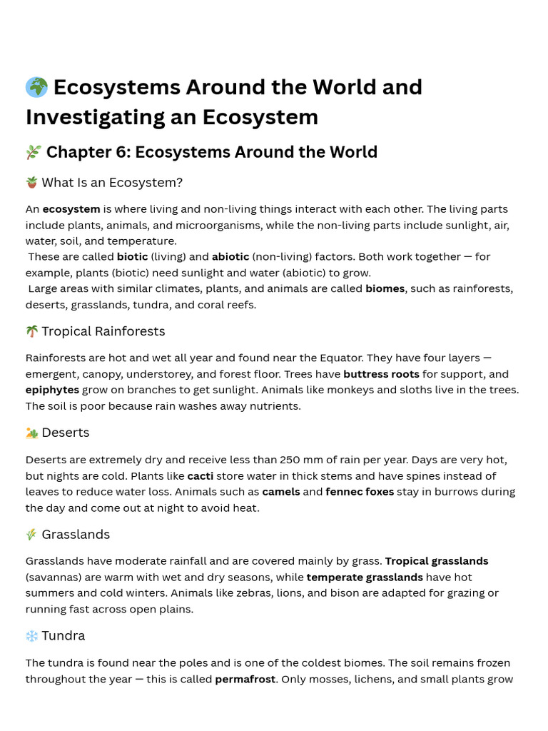 Ecosystems Around The World and Investigating An Ecosystem | PDF ...