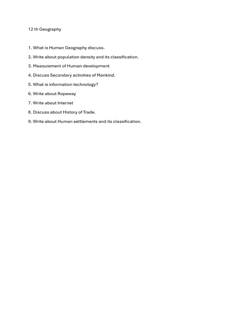 Diwali Vacation Homework 12th Geography | PDF