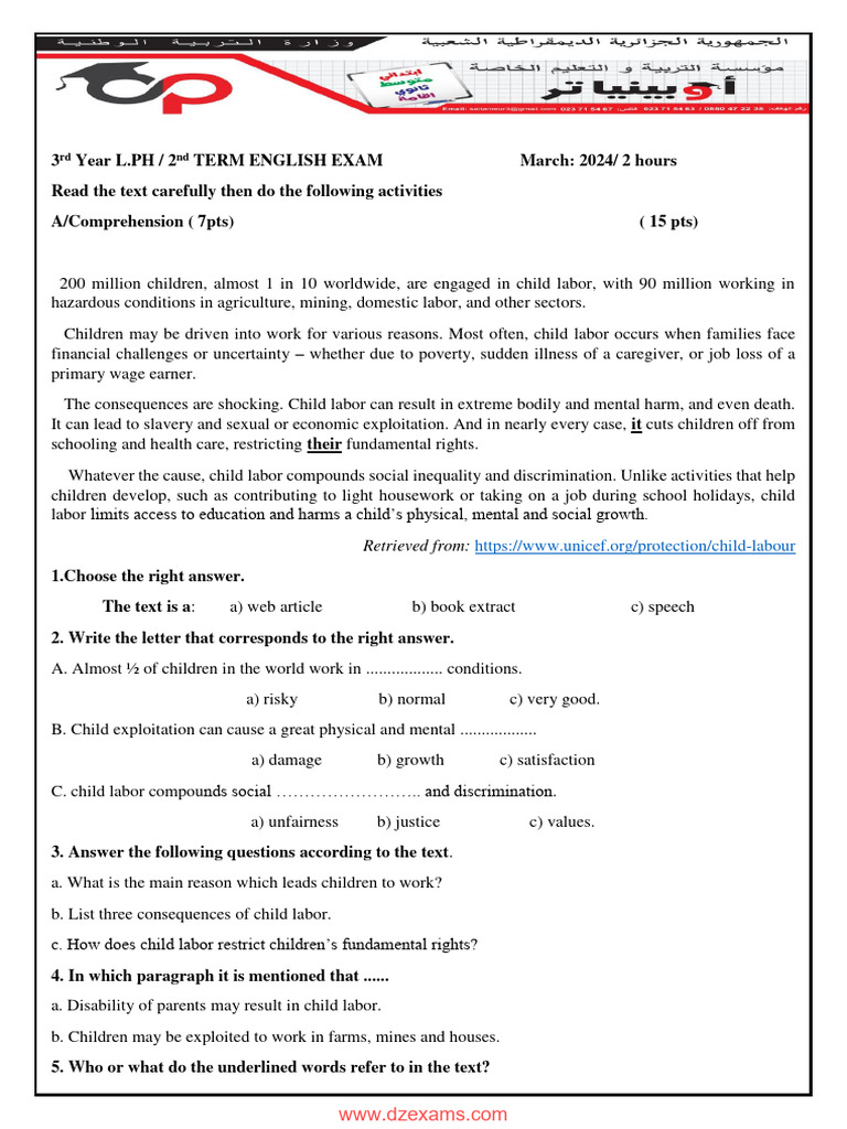 Dzexams 3as Anglais 179003 | PDF | Child Labour | Adjective