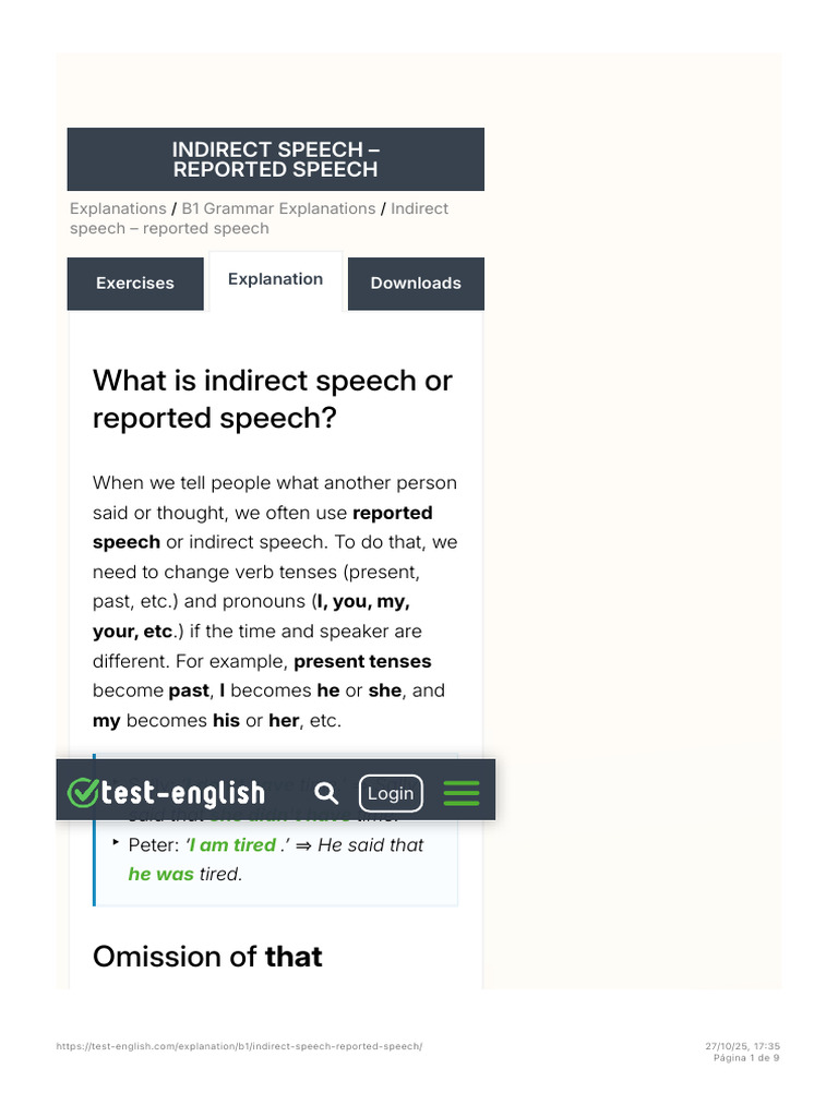 Indirect Speech - Reported Speech - Test-English | PDF | Verb ...