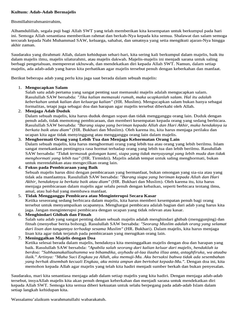 Kultum (ADAB-ADAB BERMAJELIS) | PDF