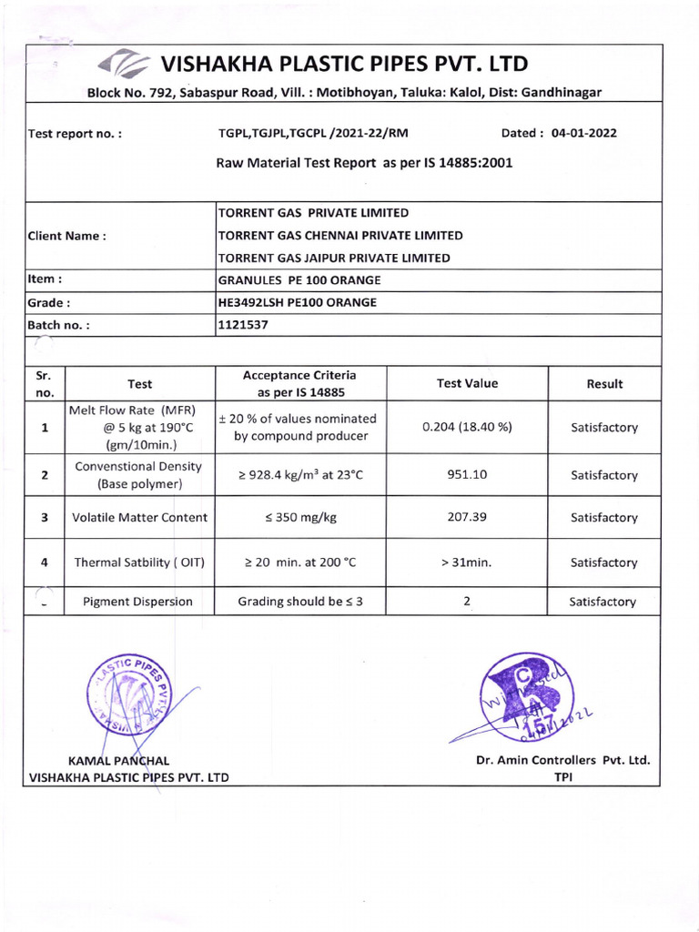 Raw Material Test Report for PE100 | PDF | Plastic | Production And ...