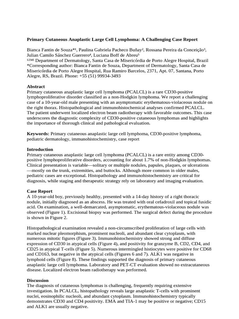 Primary Cutaneous Anaplastic Large Cell Lymphoma Case Report ...