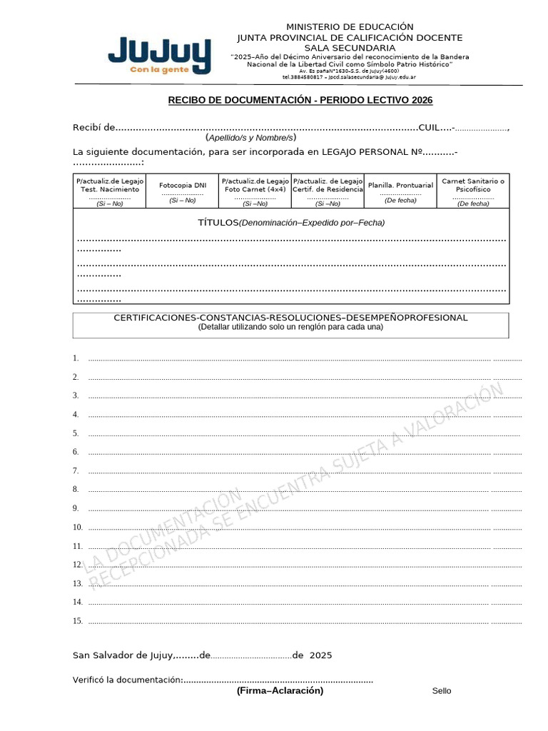 Recibo de Documentacion - 2026 JUNTA | PDF