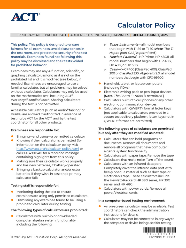ACT Calculator Policy | PDF | Calculator | Computing