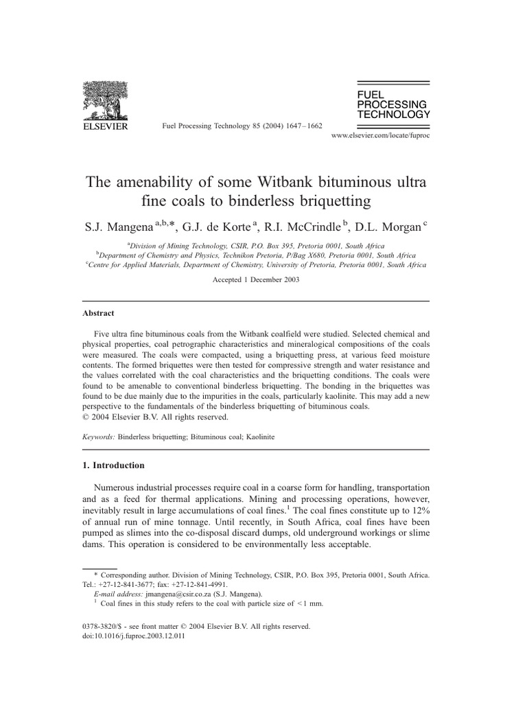 The Amenability of Some Witbank Bituminous Ultra Fine Coals To ...