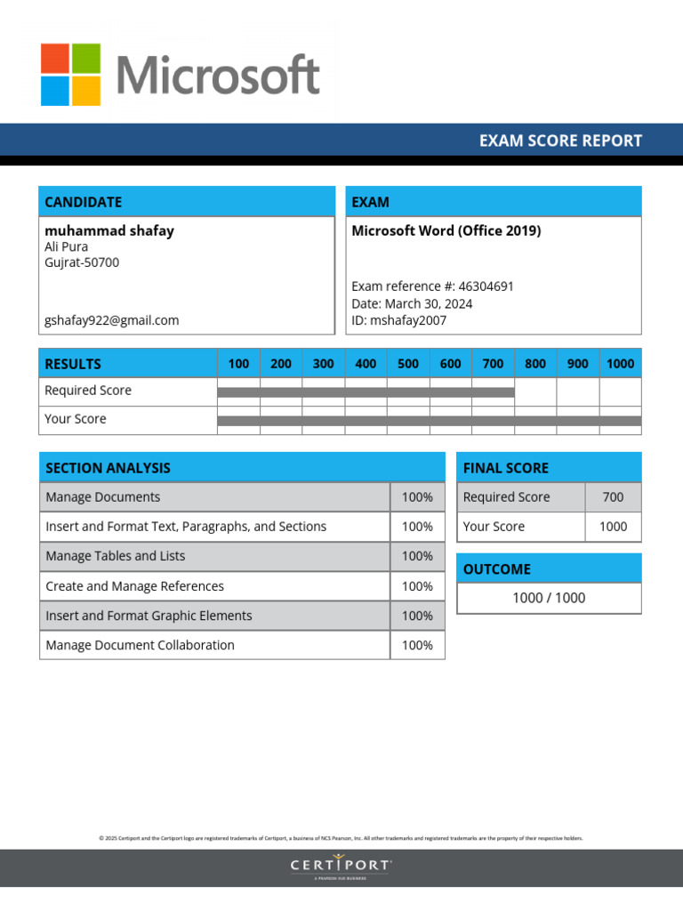 Microsoft Word Exam Score Report | PDF