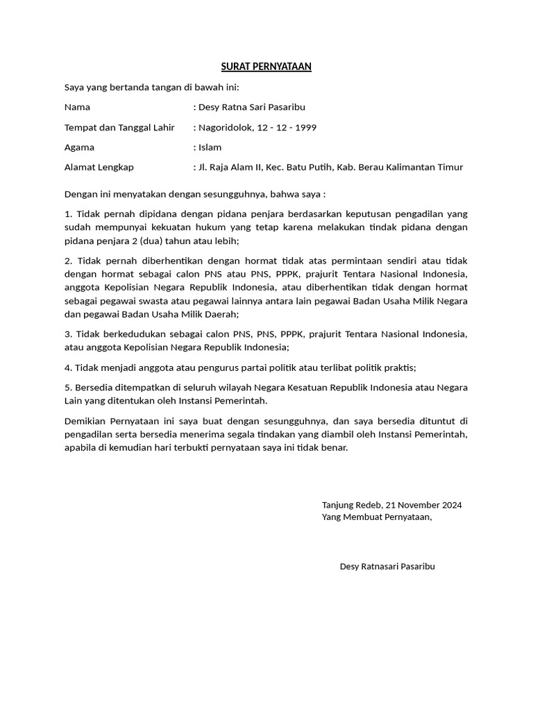 Surat Pernyataan Desy | PDF