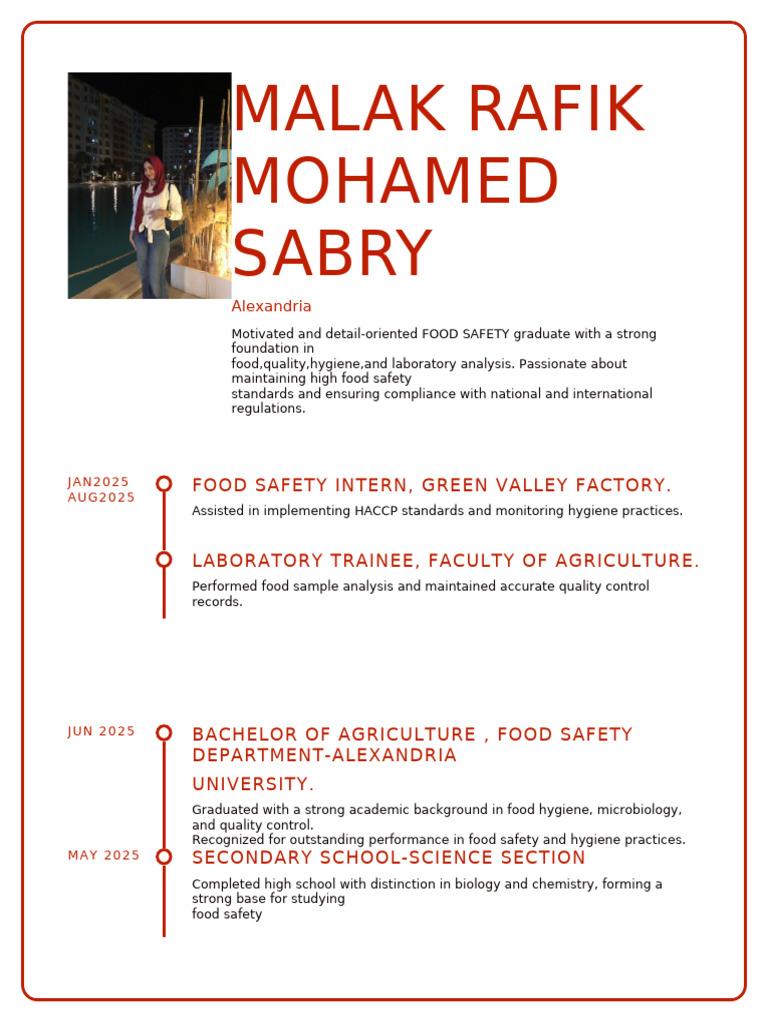 Malak Rafik: Food Safety Graduate | PDF