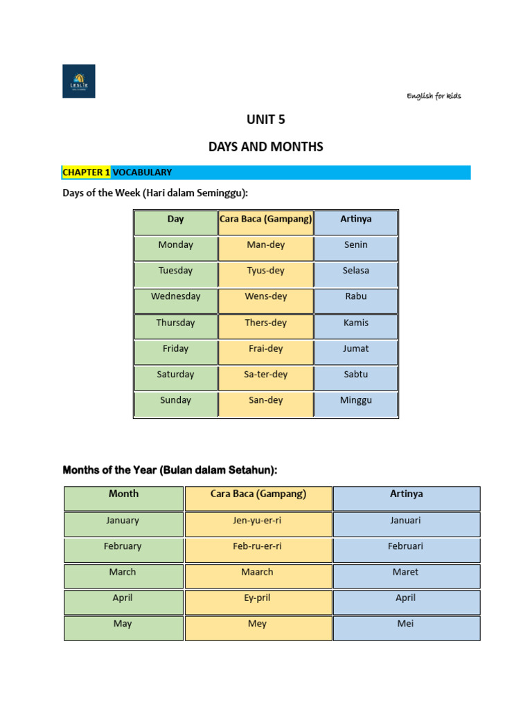 UNIT 5 - Days and Month | PDF