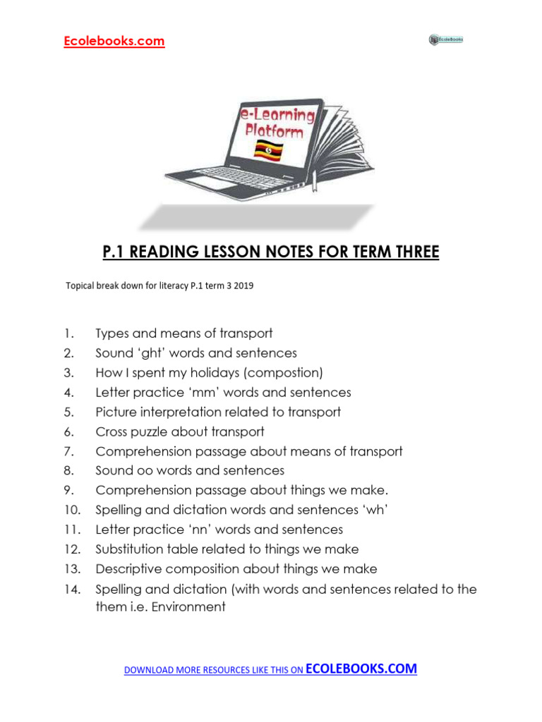 P.1 Term 3 Literacy Lesson Notes | PDF