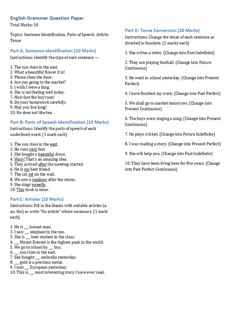 English Grammar Exam: Sentence & Tense | PDF | Linguistics | Grammar