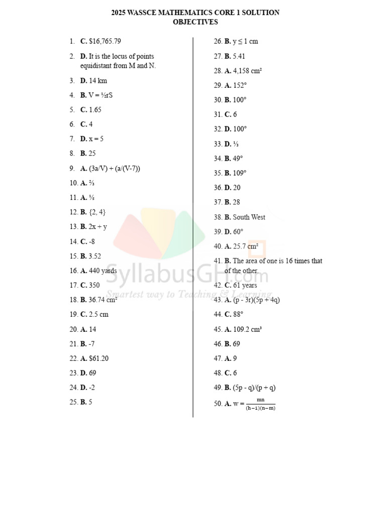 2025 Wassce Mathematics Core 1 Solution | PDF