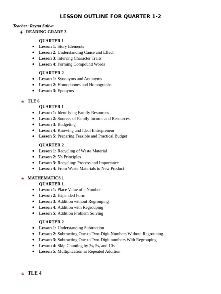 Grade 3 Lesson Outline Q1-Q2 | PDF