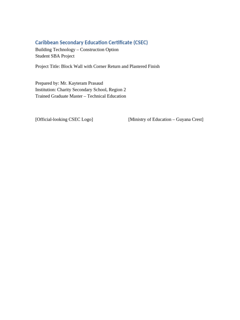 Building Technology Construction Student SBA Kayteram Prasaud | PDF ...