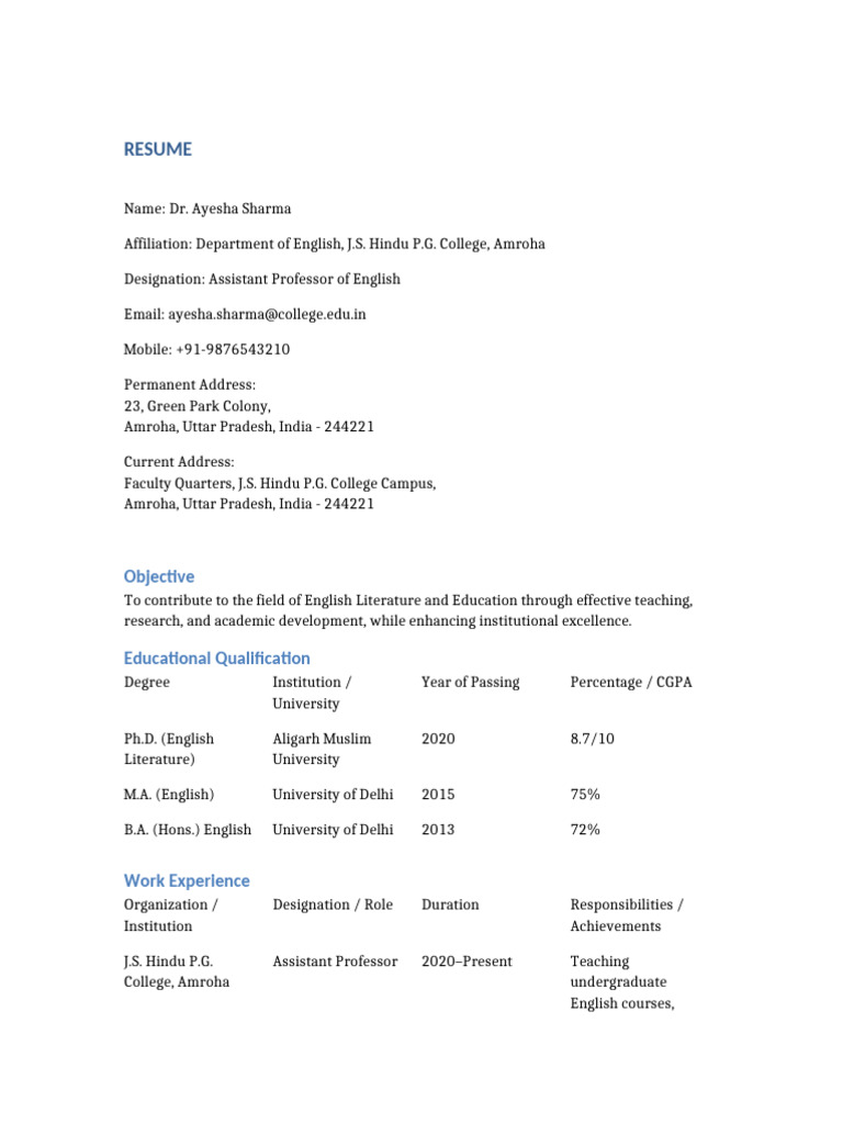 Dr. Ayesha Sharma's Academic Resume | PDF